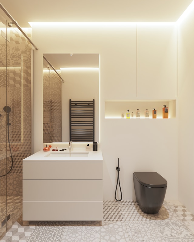 Modern bathroom with a black toilet and matching vertical radiator ...