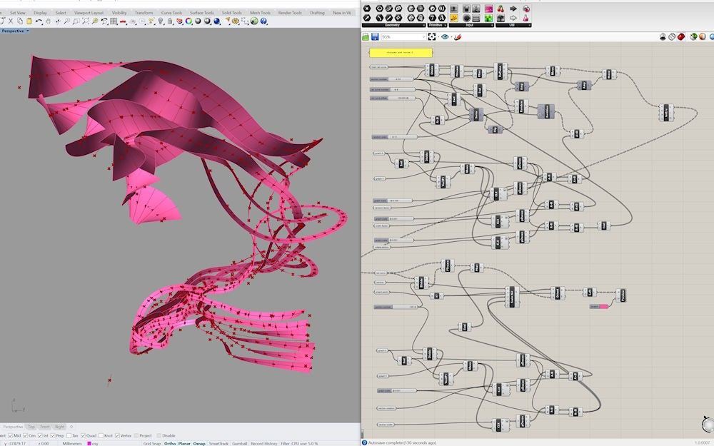 A computer screen displays two panels: the left features a complex pink ...