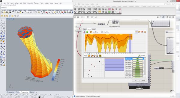 A computer screen displays Rhino and Grasshopper software interfaces ...